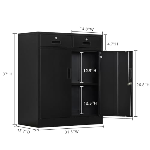 2 Drawers Metal Cabinet, 36” Locking File Cabinet for Garage、Classroom and Office - Black