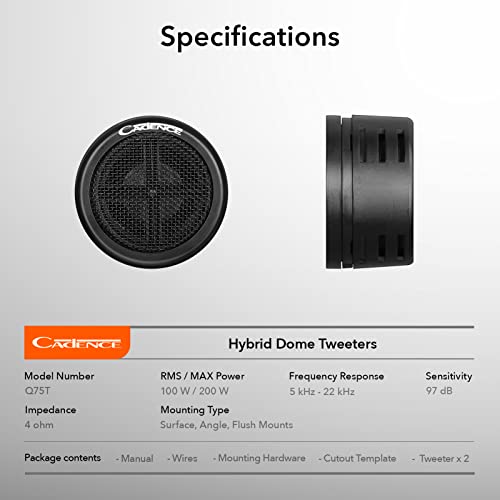 Cadence 1" Car Tweeters Pair Piezo Hybrid Q75T Replacement Speakers 400W, Modified Car High Fidelity Stereo Speaker Silk Dome Tweeter Car Audio