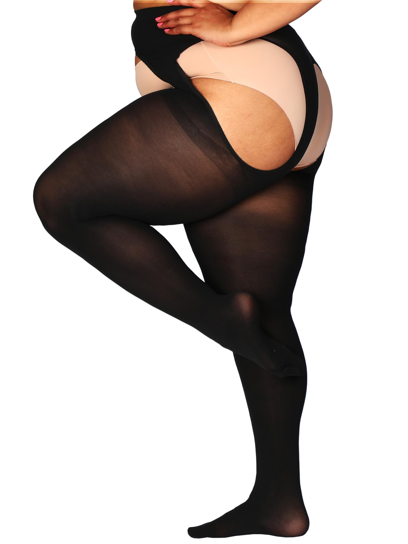 HONENNA Plus Size Suspender Tights for Women, Semi Opaque Sexy Garter Belt Nylons Mock Thigh High stockings, 1 Pair Black M-L