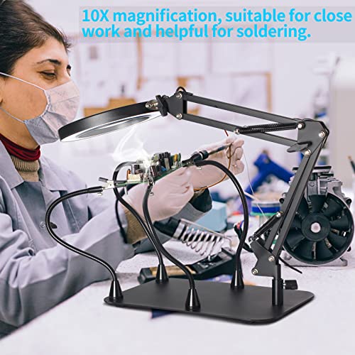 10X Magnifying Glass with Light and Stand, KUVRS Flexible Magnetic Helping Hands, Large Base & Clamp Magnifying Lamp, 3 Color Adjustable Arm Desk Magnifying Glass with Light for Soldering Craft Hobby