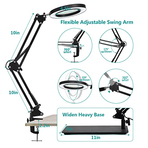 10X Magnifying Glass with Light and Stand, KUVRS Flexible Magnetic Helping Hands, Large Base & Clamp Magnifying Lamp, 3 Color Adjustable Arm Desk Magnifying Glass with Light for Soldering Craft Hobby