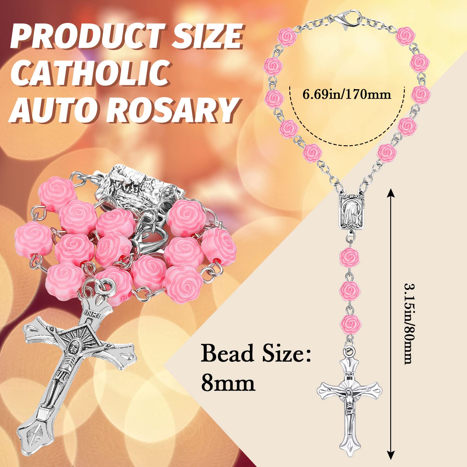 Konohan 2 Pieces Car Rosary Rearview Mirror Auto Rosary Religious Car Mirror Hanging Accessories for Automotive Personalized Protection Charm for Auto Decors(Rose,Pink)