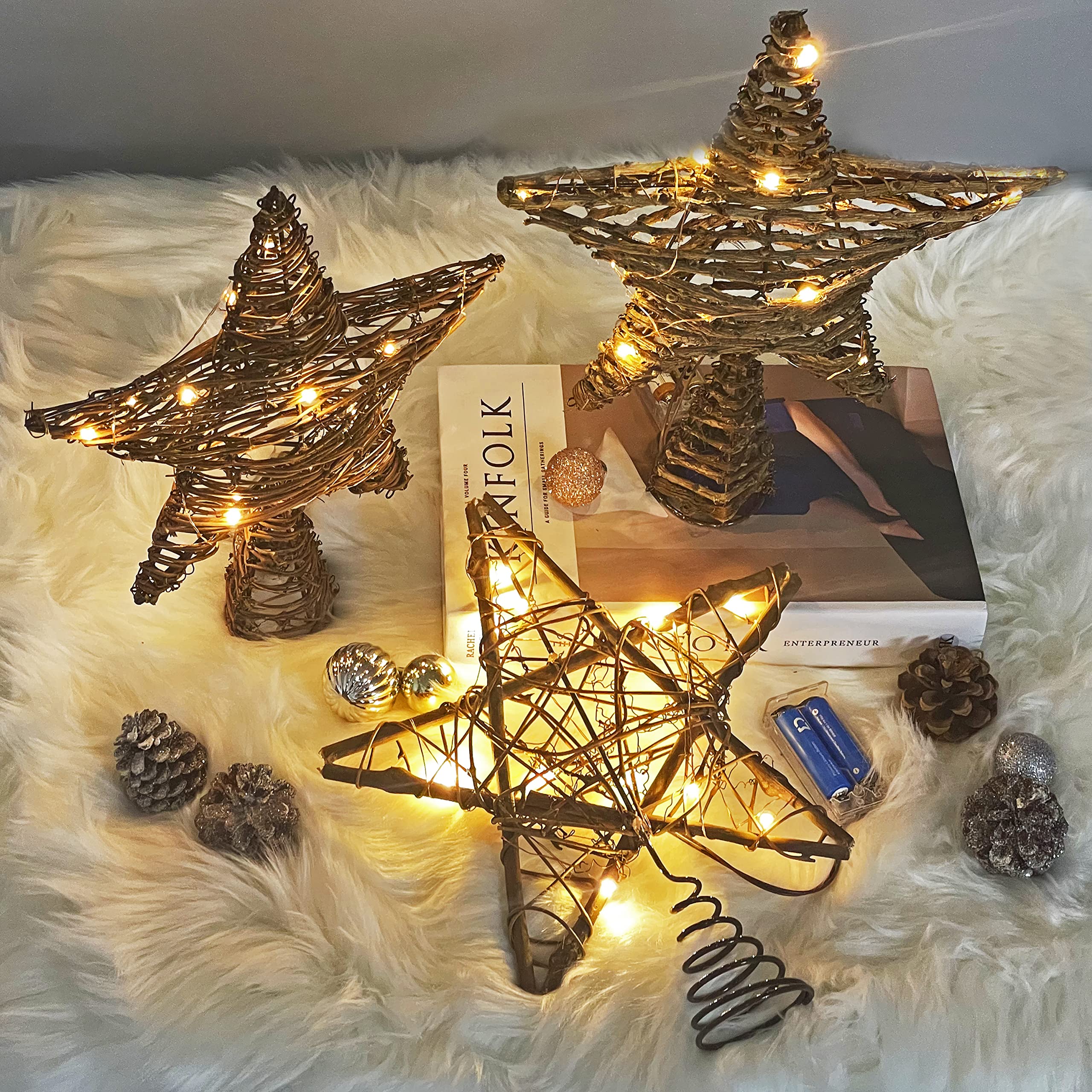 Christmas Tree Topper,Lighted Branch Rattan Star Tree Topper with 15 LED Lights for Christmas Tree and Holiday Seasonal Decoration