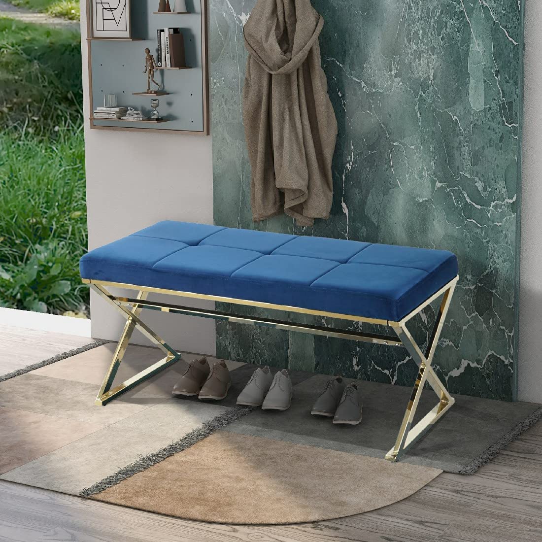 RIDI LEEOKI Modern Dining Room Living Room Green Bench with Stainless Steel and Velvet ottaman(Set of 1) (Blue)