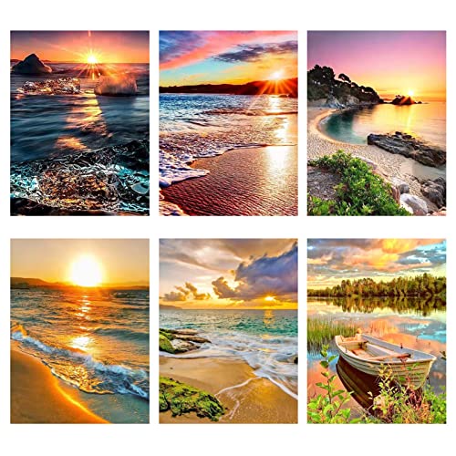 Uatiodo Diamond Painting Kits for Adults, 6 Pack Diamond Painting Kit, DIY 5D Diamond Art Paintings, Sunset Beach Paint with Diamonds, Home Wall Decor, 12 * 16 inch