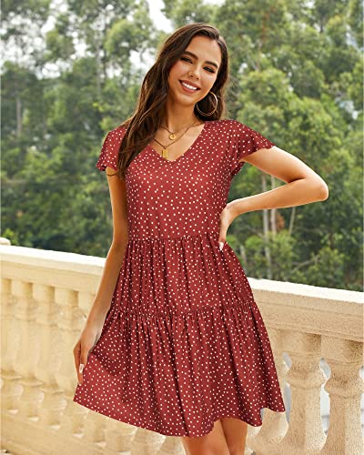 ULTRANICE Summer Sun Dresses for Women 2023 Casual Trendy V Neck Polka Dot Ruffle Mini Dress(Red,S)
