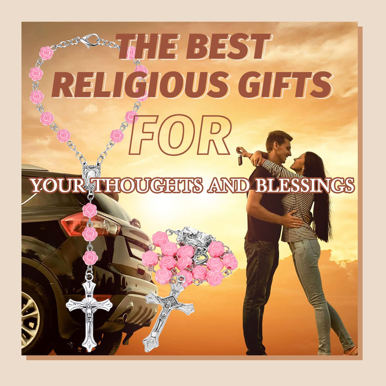 Konohan 2 Pieces Car Rosary Rearview Mirror Auto Rosary Religious Car Mirror Hanging Accessories for Automotive Personalized Protection Charm for Auto Decors(Rose,Pink)