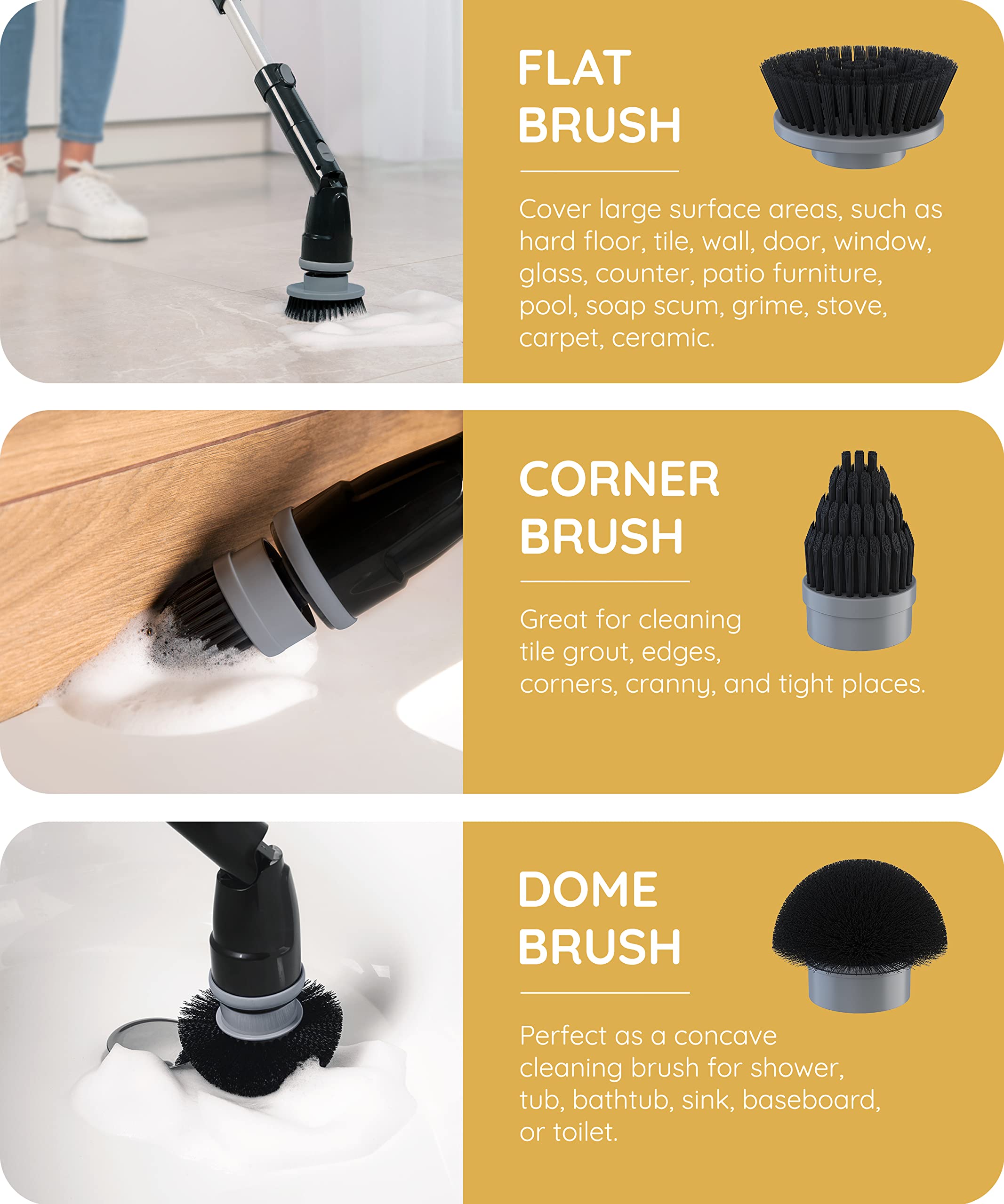 JULY HOME Electric Spin Scrubber with Adjustable Extension Shower Scrubber Brush, Cordless Automatic Power Scrubber for Shower, Cleaner for Tile, Floor, Long Handle & 3 Brush (Packaging May Vary)