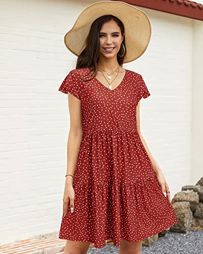 ULTRANICE Summer Sun Dresses for Women 2023 Casual Trendy V Neck Polka Dot Ruffle Mini Dress(Red,S)