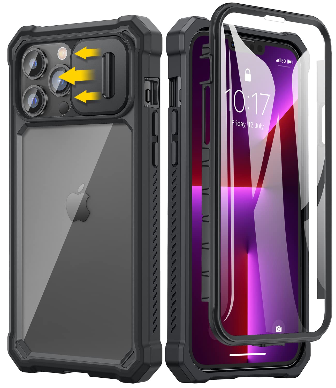 Caka for iPhone 13 Pro Max Phone Case, iPhone 12 Pro Max Case with Slide Camera Cover & Built-in Screen Protector Heavy Duty Shockproof Phone Case Cover for iPhone 13 Pro Max 12 Pro Max 6.7, Black