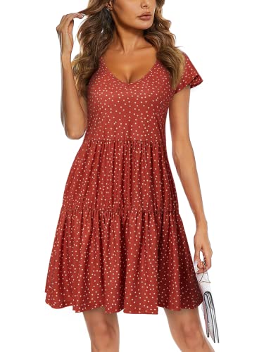 ULTRANICE Summer Sun Dresses for Women 2023 Casual Trendy V Neck Polka Dot Ruffle Mini Dress(Red,S)