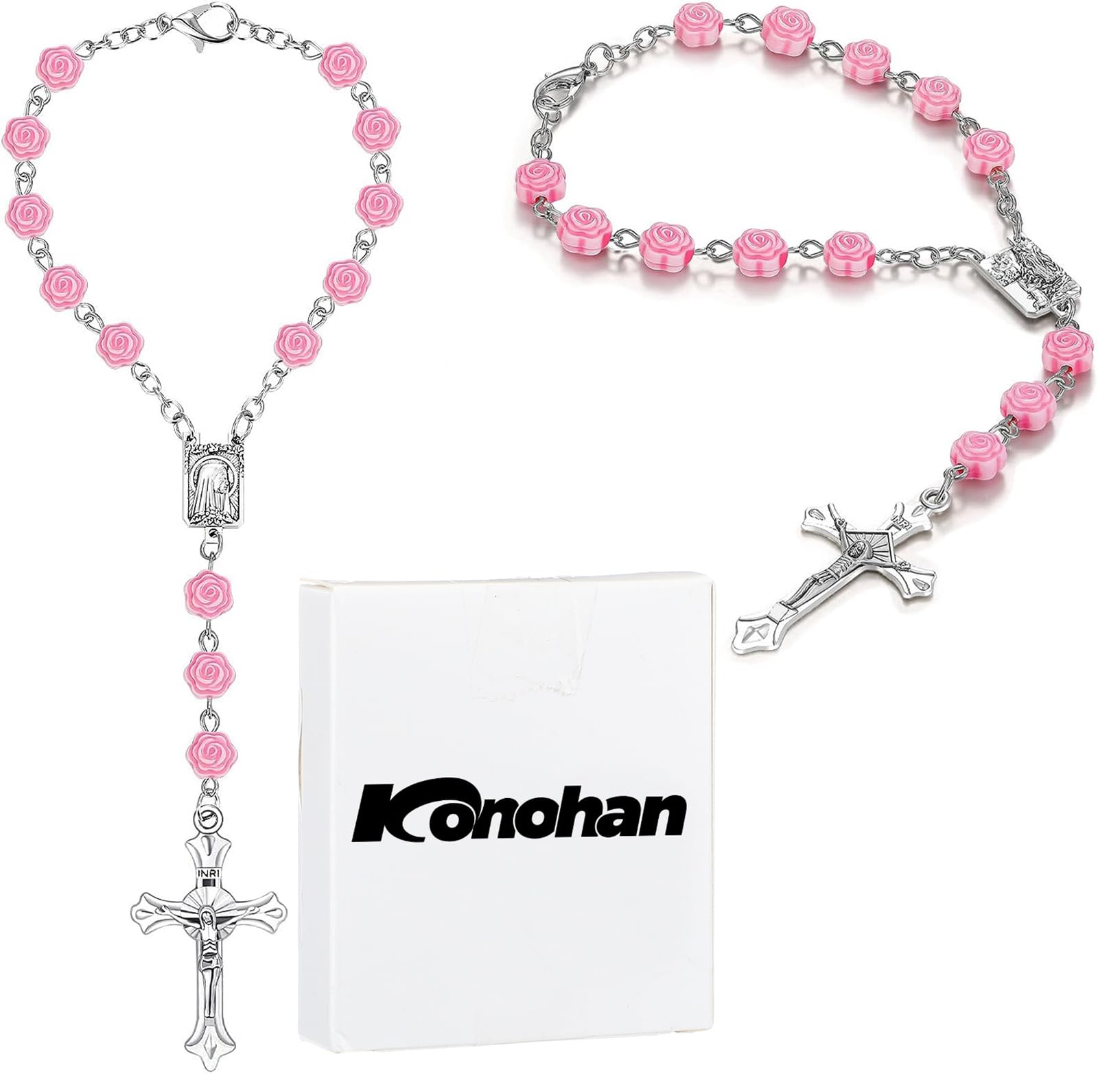 Konohan 2 Pieces Car Rosary Rearview Mirror Auto Rosary Religious Car Mirror Hanging Accessories for Automotive Personalized Protection Charm for Auto Decors(Rose,Pink)
