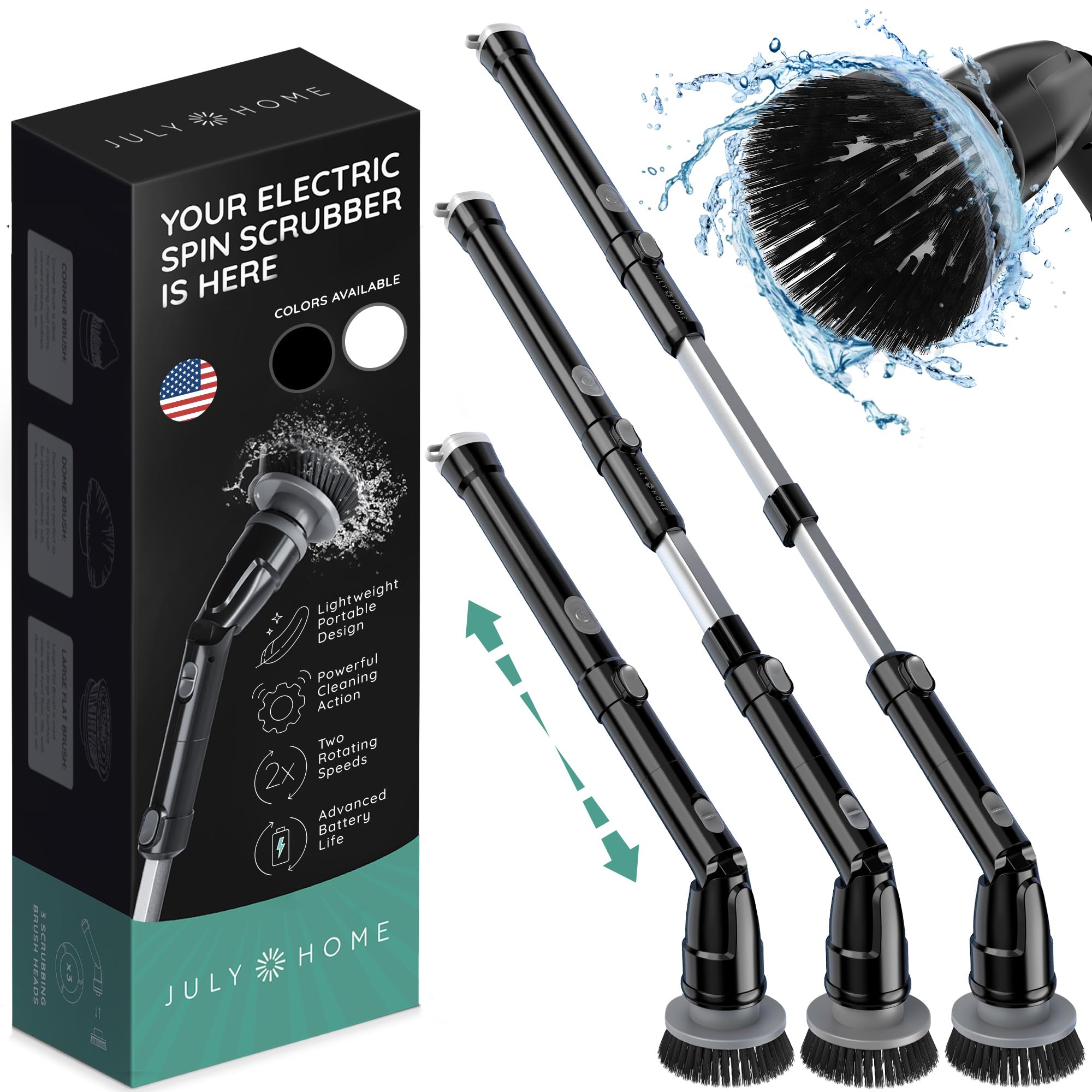 JULY HOME Electric Spin Scrubber with Adjustable Extension Shower Scrubber Brush, Cordless Automatic Power Scrubber for Shower, Cleaner for Tile, Floor, Long Handle & 3 Brush (Packaging May Vary)