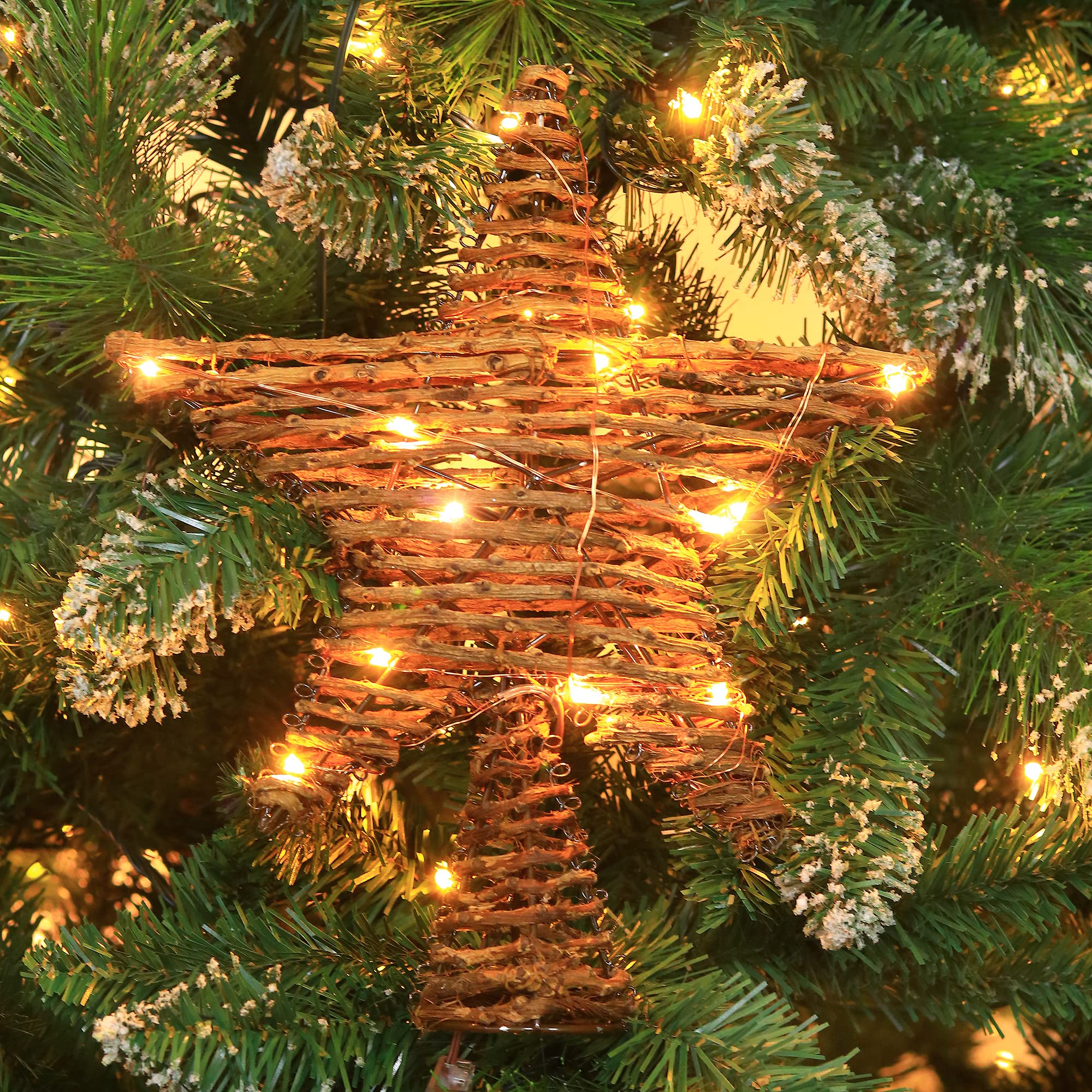 Christmas Tree Topper,Lighted Rattan Star Tree Topper with 15 LED Lights for Christmas Tree and Holiday Seasonal Decoration (Thick