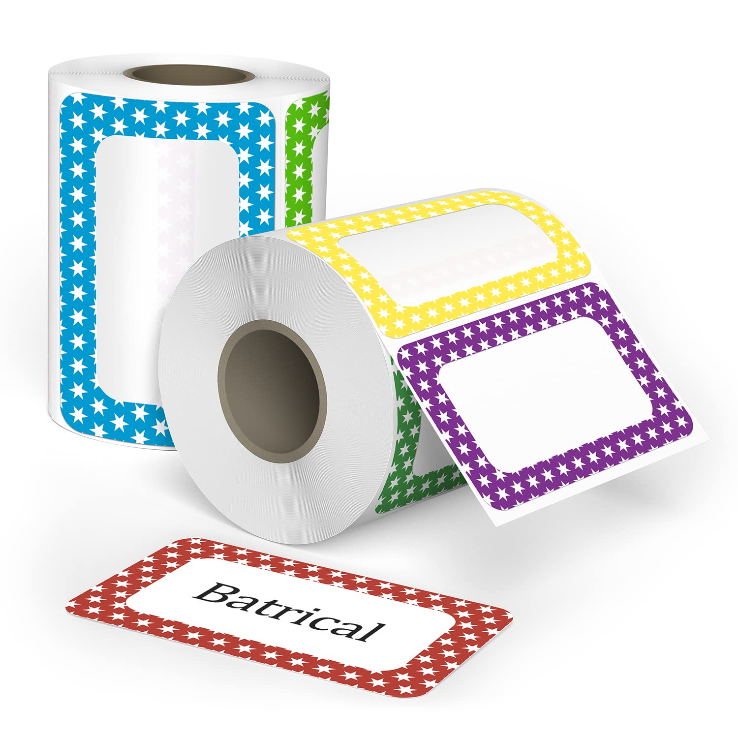Batrical Star Colorful Name Tags (3'' x 2.25'') Perforated Line Colors Scratch Proof Name Labels for Business Themed Baby School Office Home 2 Roll 400 Labels (200 Labels/Roll)