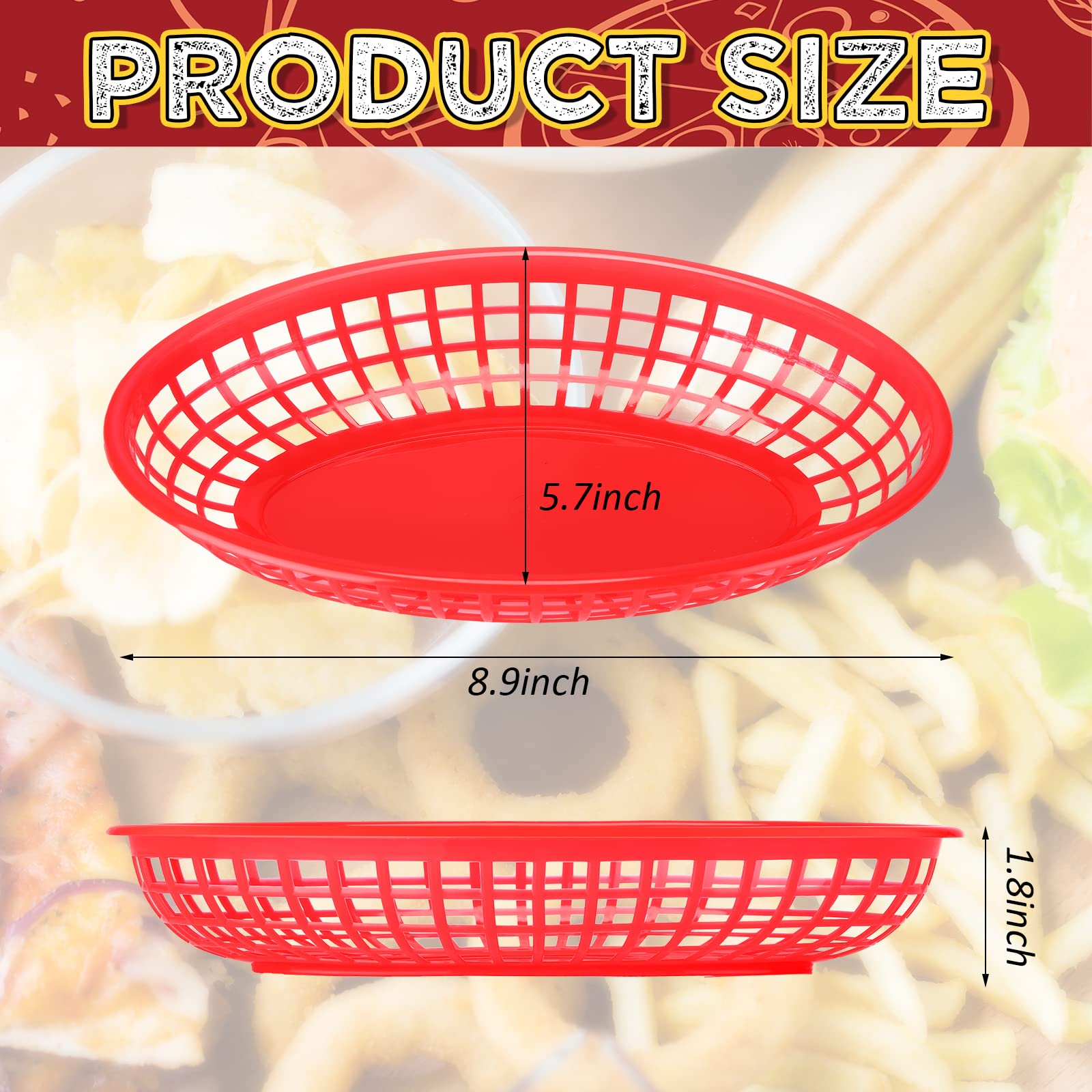 48 Pack Red Oval Fast Food Basket and 200 Pack Black Checkered Deli Liner Set 8.9 x 5.7 x 1.8 Inch Retro Style Plastic Food Baskets for Serving Burger Chip Food Baskets for Home, Restaurants, Picnic