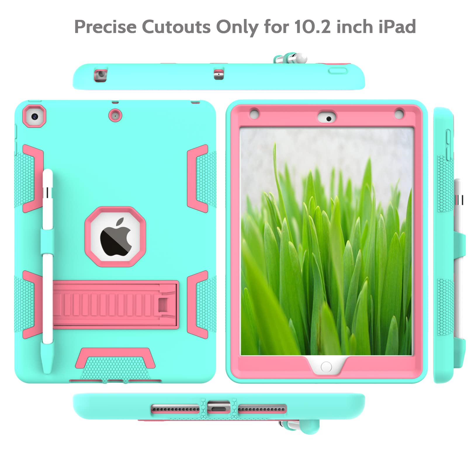 Rantice iPad 9th Generation Case, iPad 8th/7th Generation Case, iPad Case with Kickstand and Pencil Holder for iPad 10.2 Case(Mint Green+Rose)