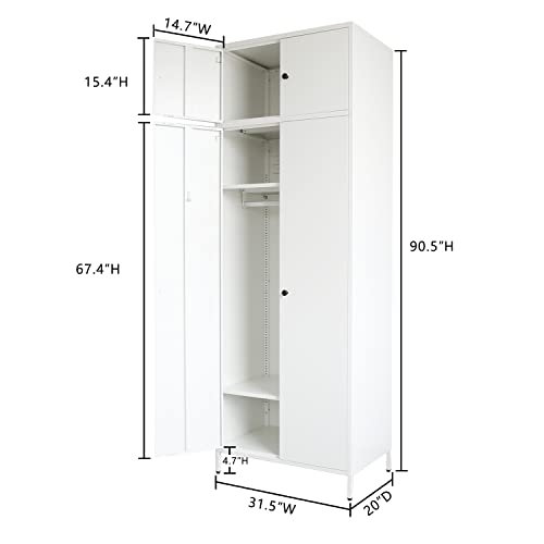 BESFUR Wardrobe Closet, Metal Armoires and Wardrobes with Adjustable Hanging Rod, Top Cabinet, 20" D*31.5" W*90.5" H - White