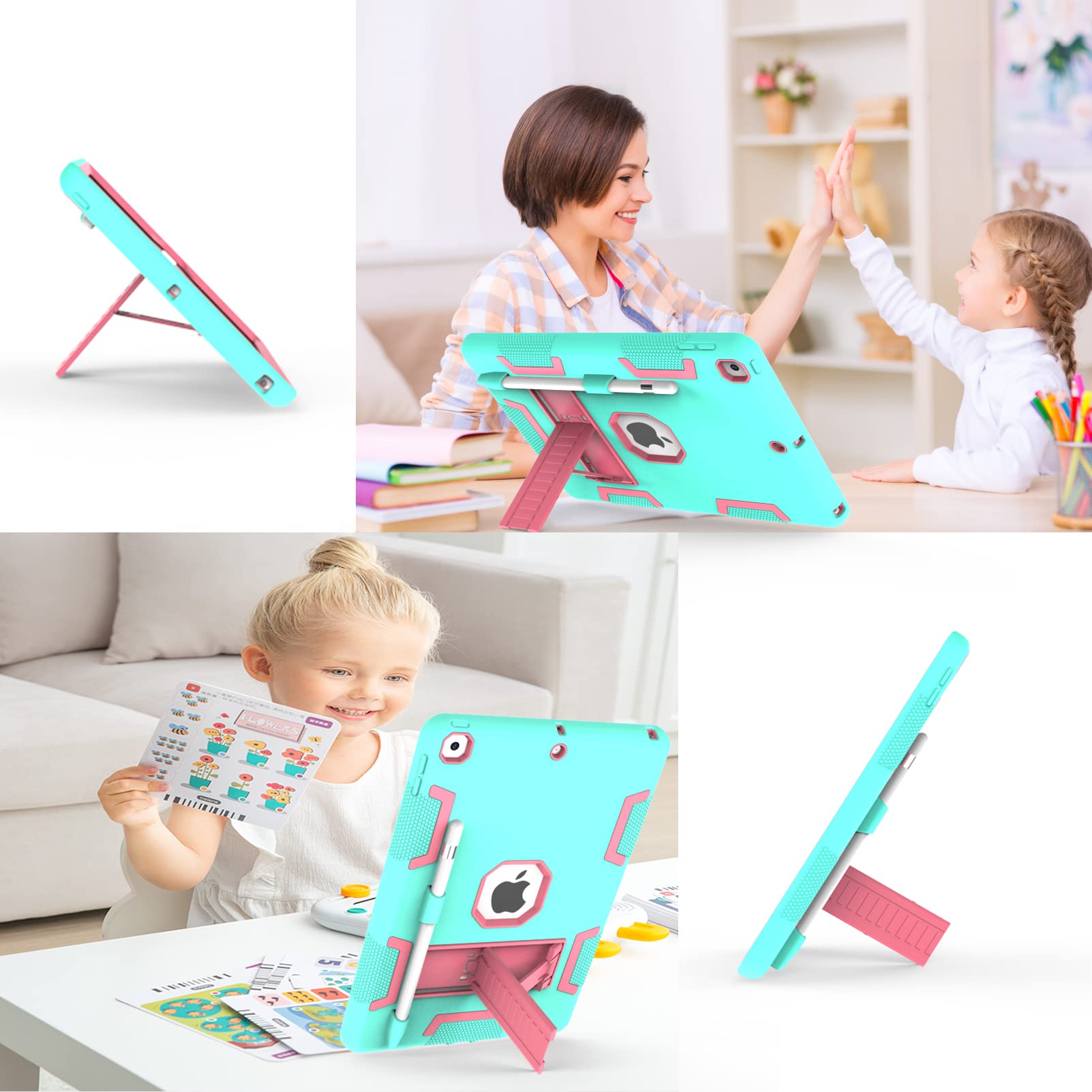 Rantice iPad 9th Generation Case, iPad 8th/7th Generation Case, iPad Case with Kickstand and Pencil Holder for iPad 10.2 Case(Mint Green+Rose)