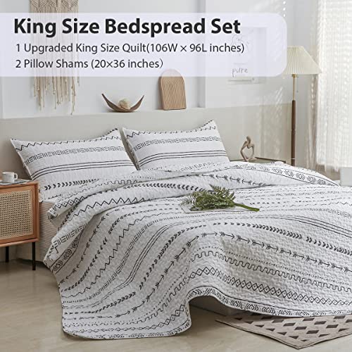 LUCKYBULL White Quilt Set Boho Bedspread King XL Size (104x96 in), 3 Pieces Bohemian Striped Reversible Lightweight Coverlet Quilt Set for All Season