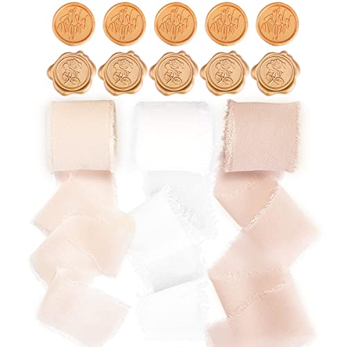 Chiffon Silk Ribbon for Gift Wrapping, White Beige Ribbon for Wedding Invitation Bouquet, 3 Rolls 1.5" Wide x 7 Yd Gift Wrap Cream Ribbon, with 10Pcs Wax Seal Sticker