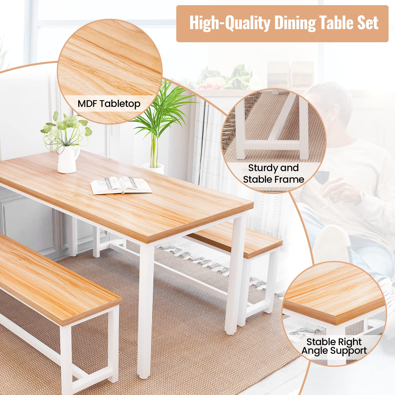 Recaceik 3-Piece Dining Table Set for 4, 43'' Dining Room Table Set with 2 Benches, Space-Saving Dinette Table with Metal Frame & MDF Board, Breakfast Table for Kitchen, Dining Room, Walnut