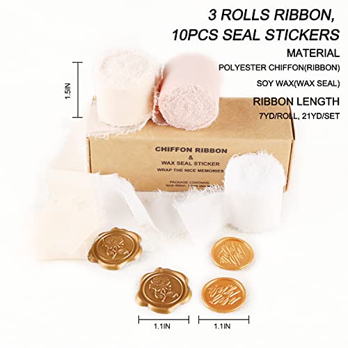Chiffon Silk Ribbon for Gift Wrapping, White Beige Ribbon for Wedding Invitation Bouquet, 3 Rolls 1.5" Wide x 7 Yd Gift Wrap Cream Ribbon, with 10Pcs Wax Seal Sticker