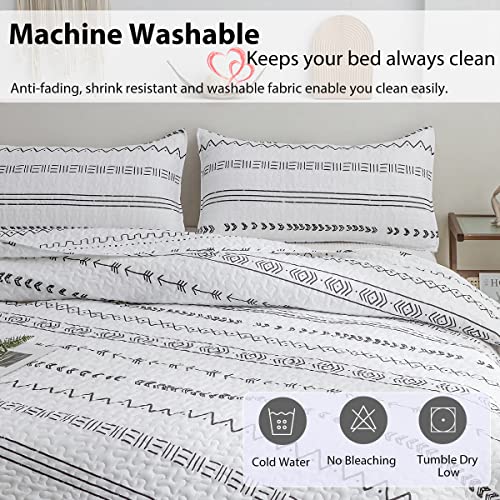 LUCKYBULL White Quilt Set Boho Bedspread King XL Size (104x96 in), 3 Pieces Bohemian Striped Reversible Lightweight Coverlet Quilt Set for All Season