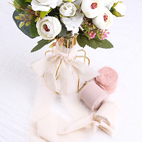 Chiffon Silk Ribbon for Gift Wrapping, White Beige Ribbon for Wedding Invitation Bouquet, 3 Rolls 1.5" Wide x 7 Yd Gift Wrap Cream Ribbon, with 10Pcs Wax Seal Sticker
