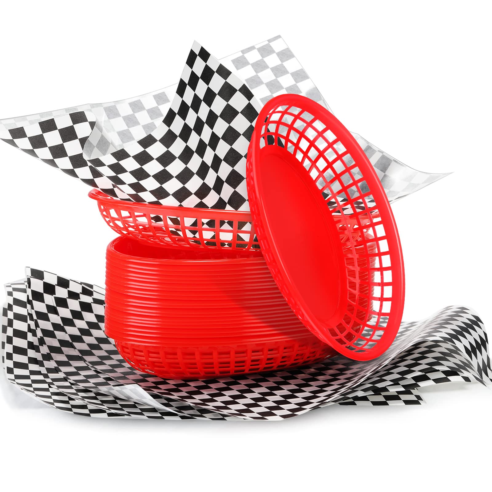 48 Pack Red Oval Fast Food Basket and 200 Pack Black Checkered Deli Liner Set 8.9 x 5.7 x 1.8 Inch Retro Style Plastic Food Baskets for Serving Burger Chip Food Baskets for Home, Restaurants, Picnic