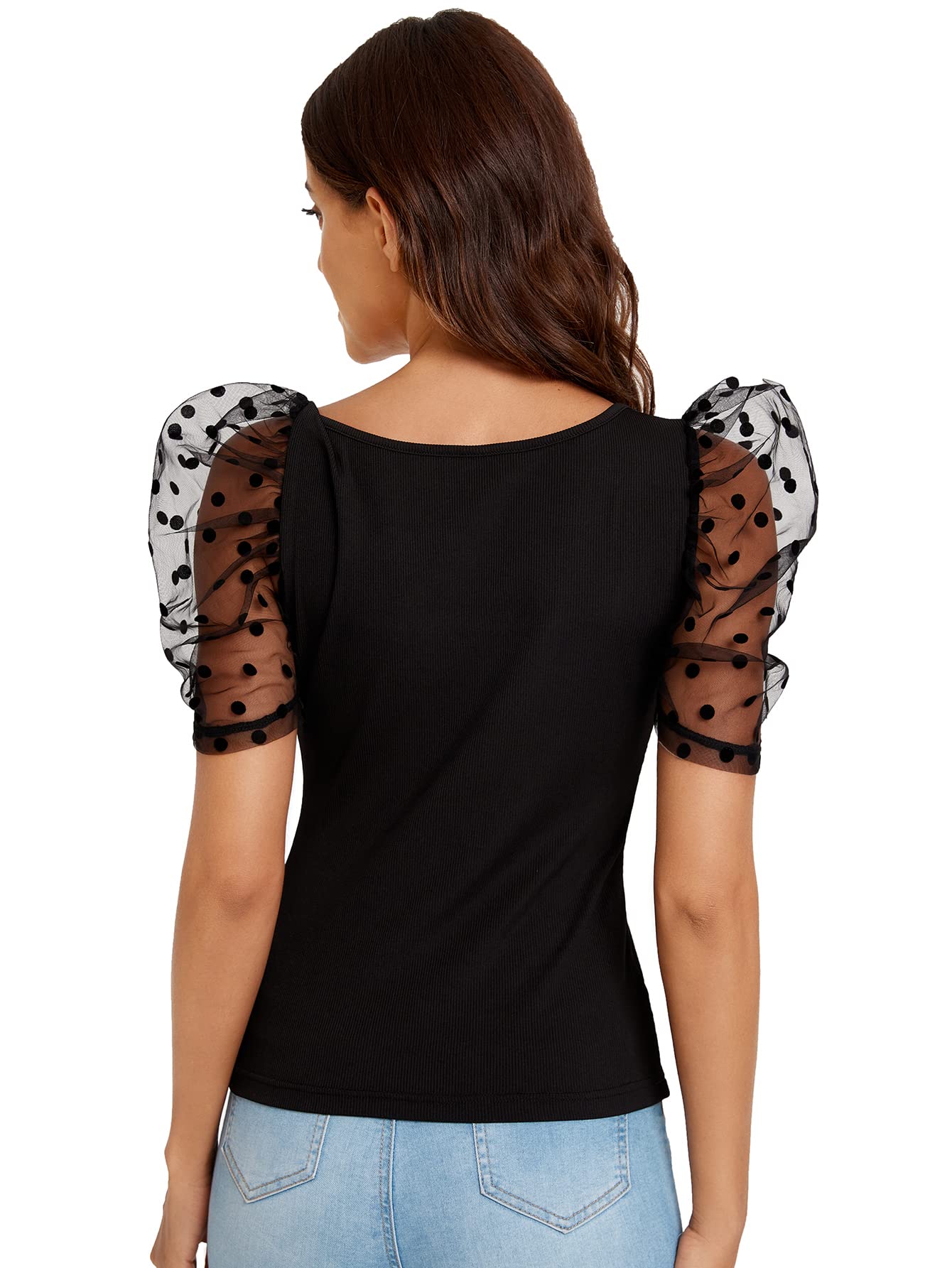 Verdusa Women's Polka Dot Mesh Puff Sleeve Square Neck Top Black M