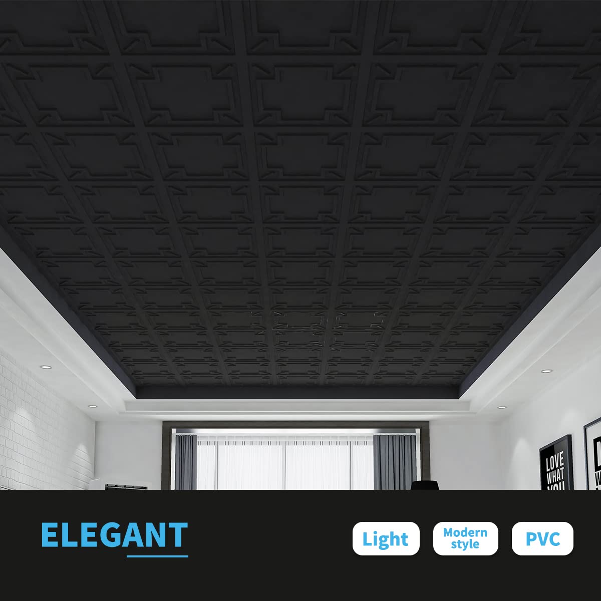 Art3d Decorative Drop Ceiling Tile 2‘x2‘, Glue-up 3D Textured Ceiling Panel, Plastic Sheet in Black(12 Pack)