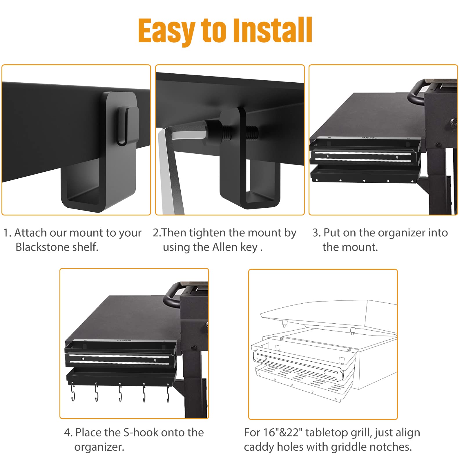 RUSFOL Stainless Steel Griddle Caddy with Magnetic BBQ Utensils Strip for 28"/36" Blackstone Griddles, with a Allen Key, Space Saving BBQ Accessories Storage Box, Free from Drill Hole&Easy to Install