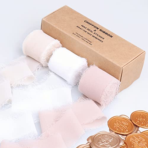 Chiffon Silk Ribbon for Gift Wrapping, White Beige Ribbon for Wedding Invitation Bouquet, 3 Rolls 1.5" Wide x 7 Yd Gift Wrap Cream Ribbon, with 10Pcs Wax Seal Sticker