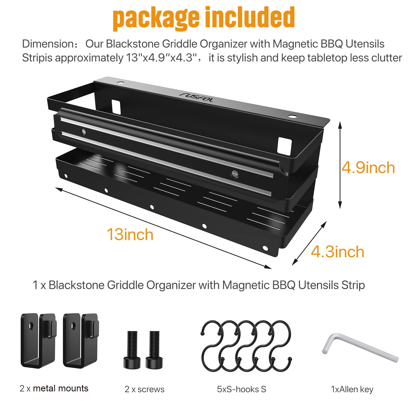 RUSFOL Stainless Steel Griddle Caddy with Magnetic BBQ Utensils Strip for 28"/36" Blackstone Griddles, with a Allen Key, Space Saving BBQ Accessories Storage Box, Free from Drill Hole&Easy to Install