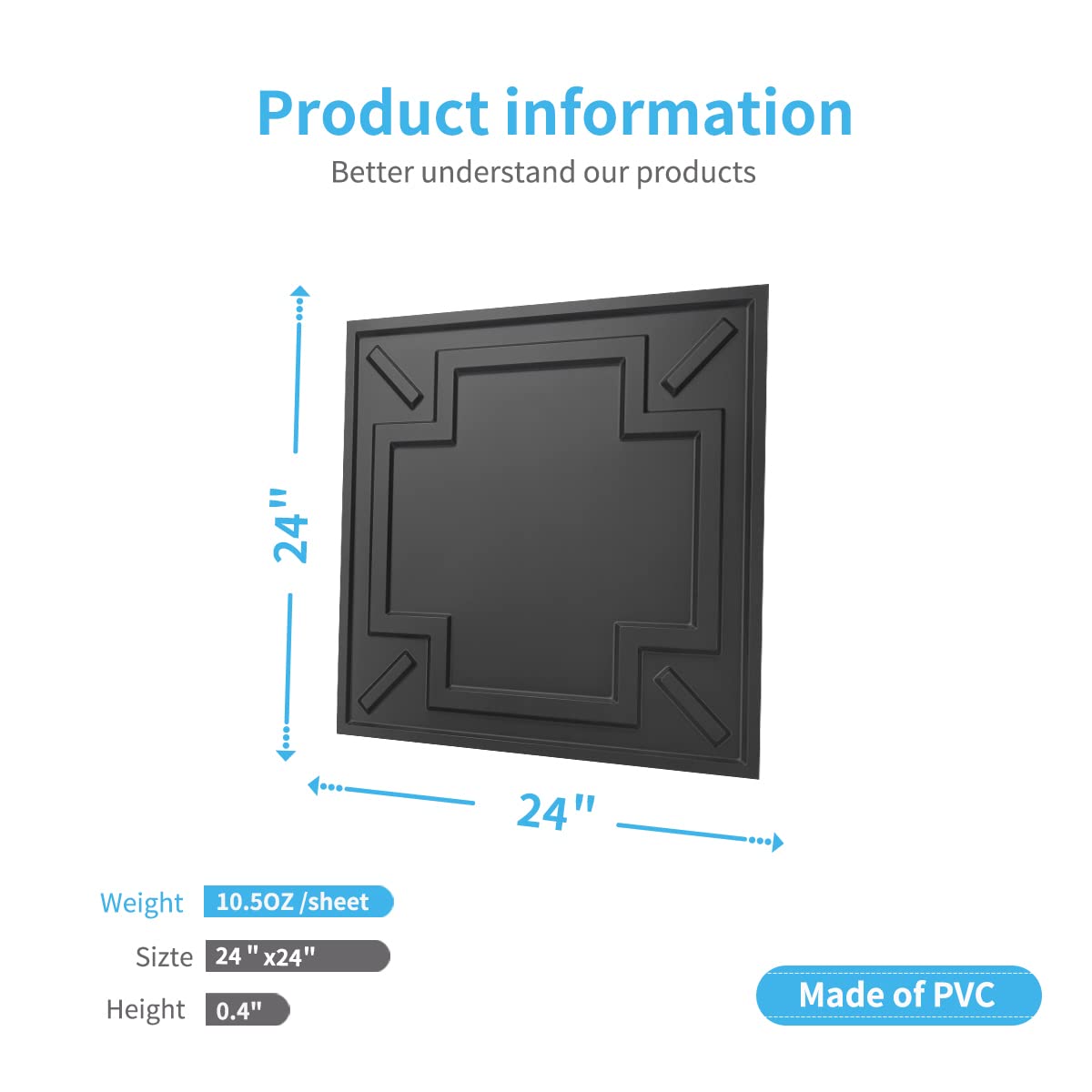 Art3d Decorative Drop Ceiling Tile 2‘x2‘, Glue-up 3D Textured Ceiling Panel, Plastic Sheet in Black(12 Pack)
