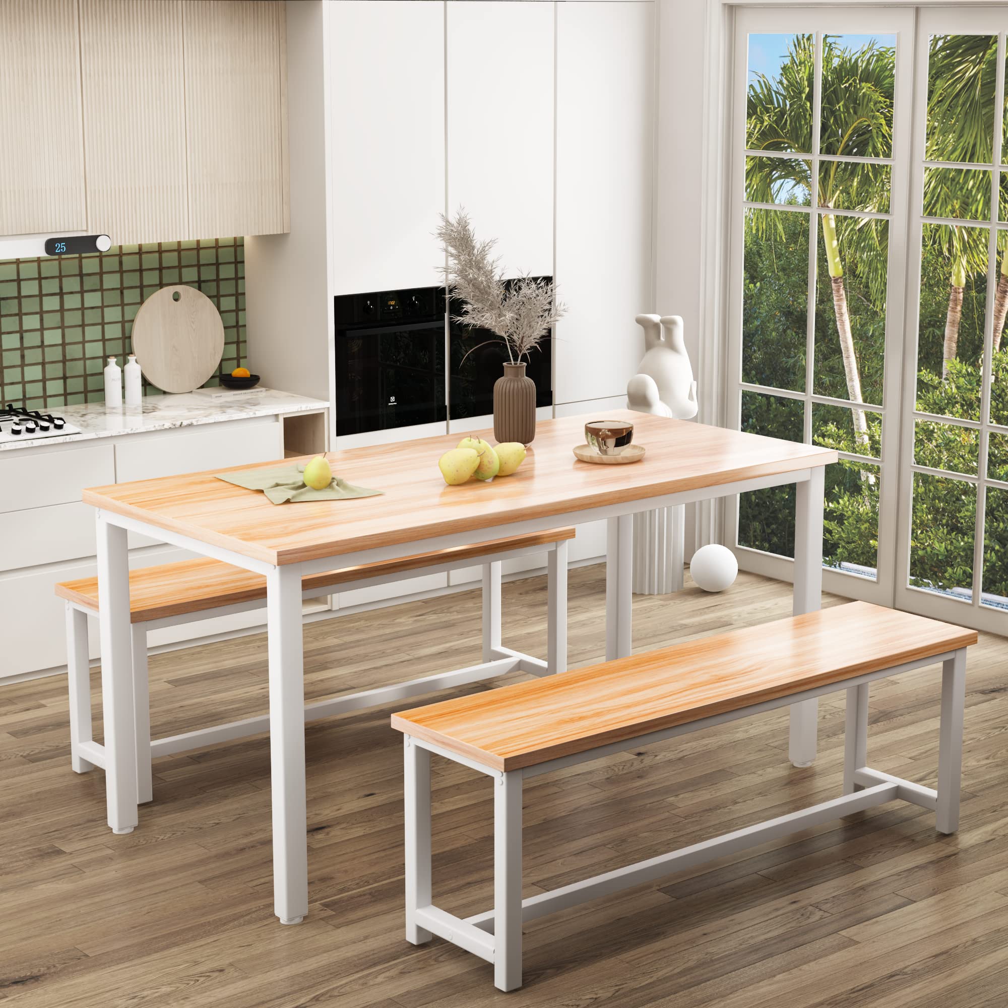 Recaceik 3-Piece Dining Table Set for 4, 43'' Dining Room Table Set with 2 Benches, Space-Saving Dinette Table with Metal Frame & MDF Board, Breakfast Table for Kitchen, Dining Room, Walnut
