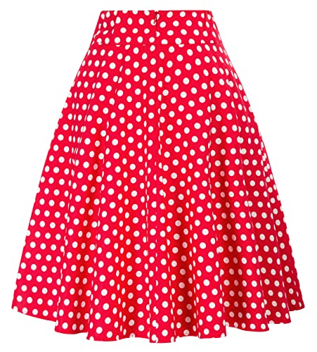 Women's 1950s Retro High Waisted A-Line Midi Skirt Red Polka Dot Weekend Skirt XL