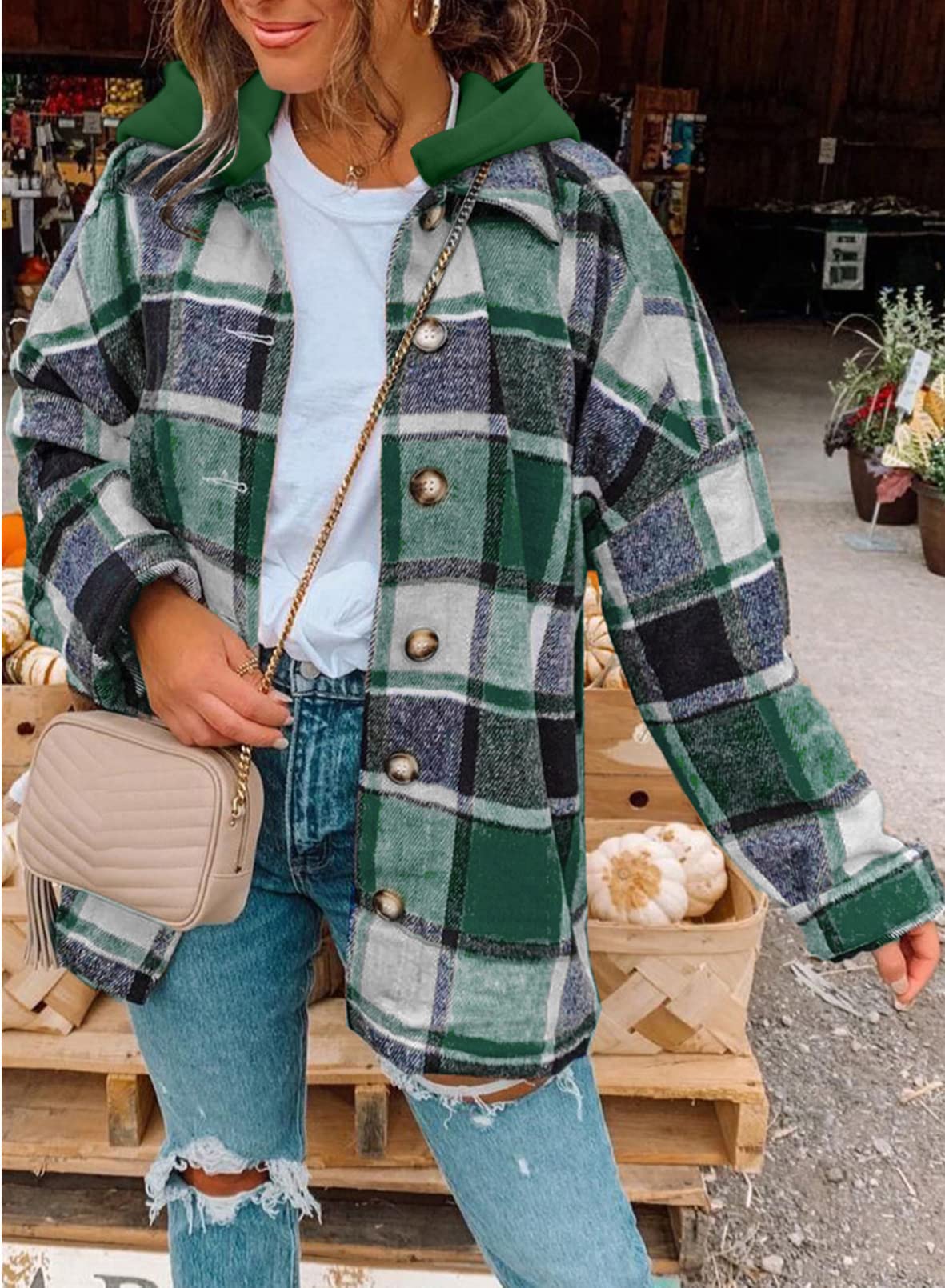 SHEWIN Womens Casual Plaid Hooded Flannel Shacket Jacket Hoodie Fall Winter Long Sleeve Oversized Button-Down Boyfriend Shirts Tops,US 18-20(2XL),Green
