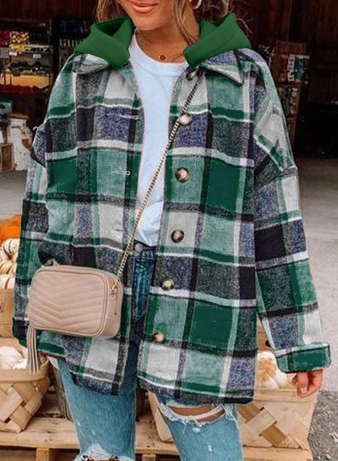 SHEWIN Womens Casual Plaid Hooded Flannel Shacket Jacket Hoodie Fall Winter Long Sleeve Oversized Button-Down Boyfriend Shirts Tops,US 18-20(2XL),Green
