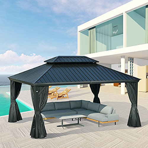 WeYard Hardtop Gazebo for Patios, Portofino 12’x16’, Permanent Alum-Frame & Steel-Structure Pergola, for Outdoor Relax/Grill/BBQ, with All-Sides Nettings, Curtains…