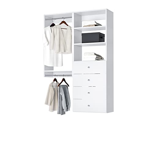 Closet Kit with Hanging Rods, Shelves & Drawers - Corner Closet System - Closet Shelves - Closet Organizers and Storage Shelves (White, 54 inches Wide) Closet Shelving