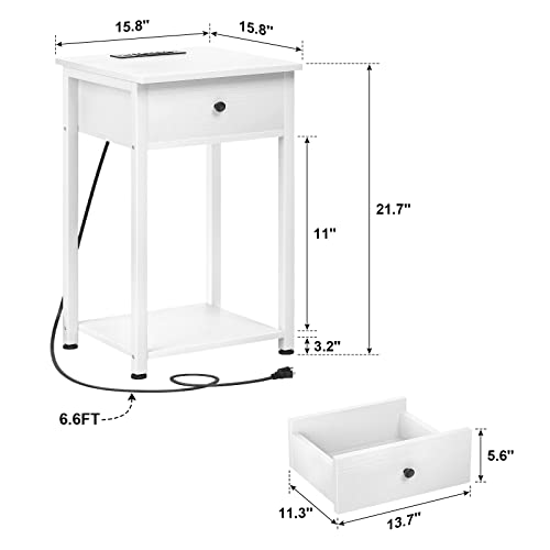 Ecoprsio Nightstand Set of 2 with Charging Station, White End Table Side Table with USB Ports, Wood Night Stand, White Bedside Table with Drawer and Shelf for Bedroom, Living Room, Sofa Couch, White