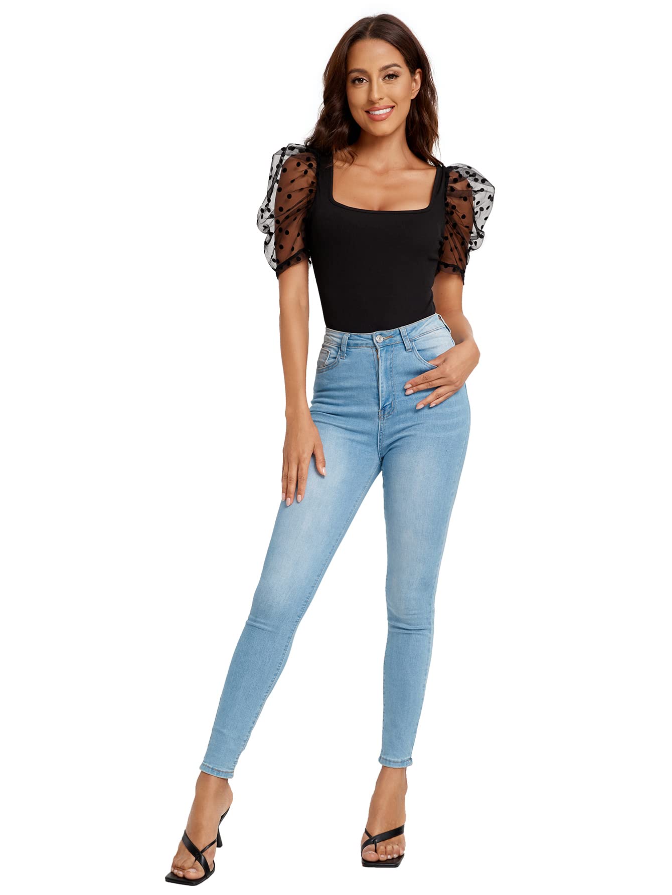 Verdusa Women's Polka Dot Mesh Puff Sleeve Square Neck Top Black M
