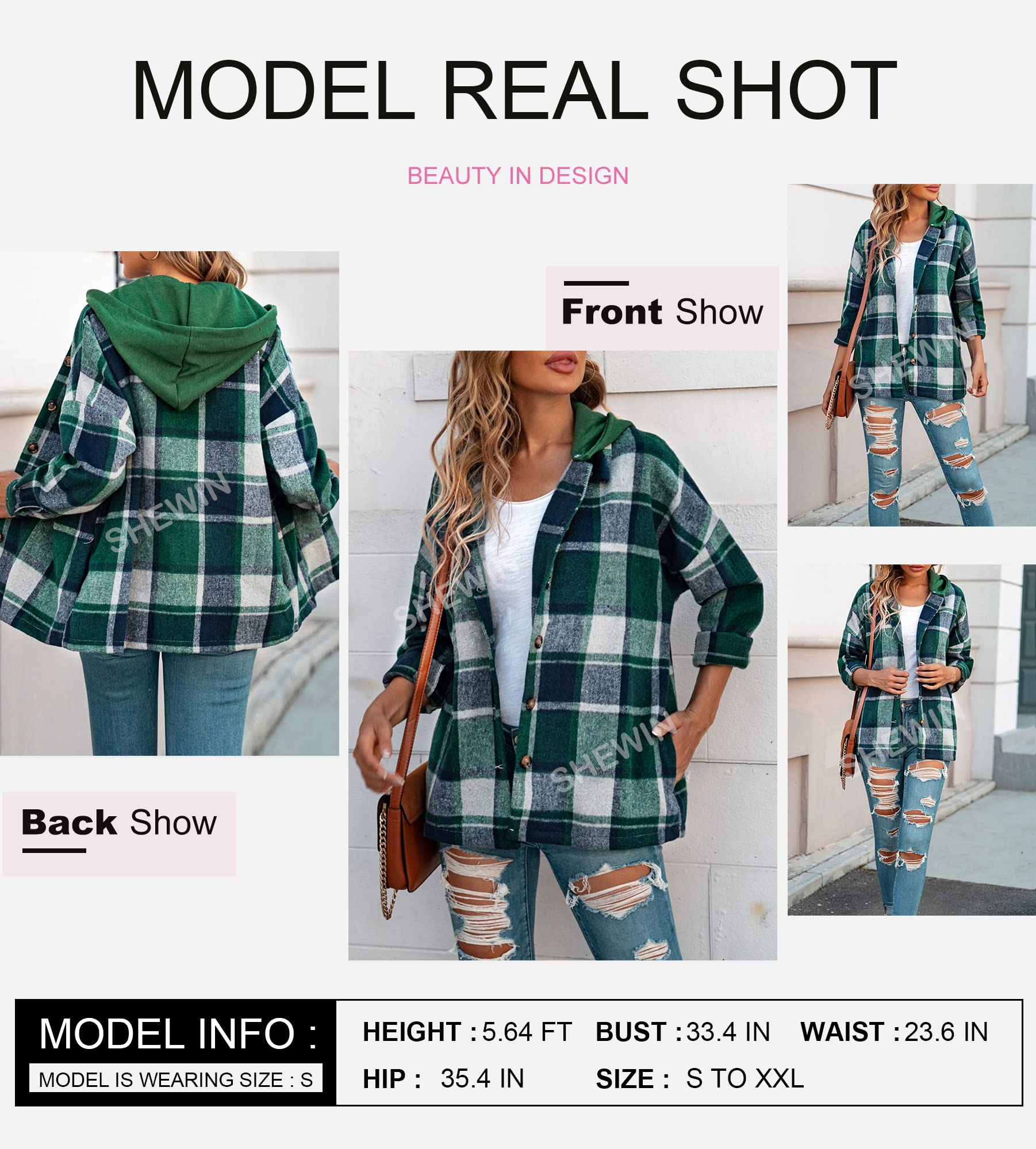 SHEWIN Womens Casual Plaid Hooded Flannel Shacket Jacket Hoodie Fall Winter Long Sleeve Oversized Button-Down Boyfriend Shirts Tops,US 18-20(2XL),Green