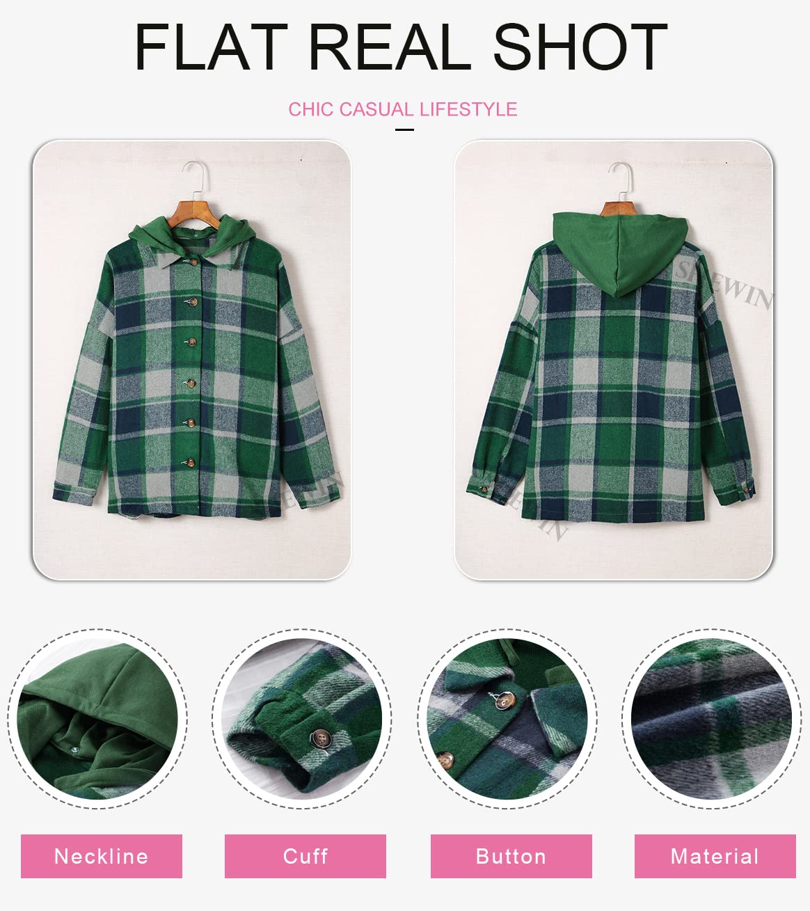 SHEWIN Womens Casual Plaid Hooded Flannel Shacket Jacket Hoodie Fall Winter Long Sleeve Oversized Button-Down Boyfriend Shirts Tops,US 18-20(2XL),Green
