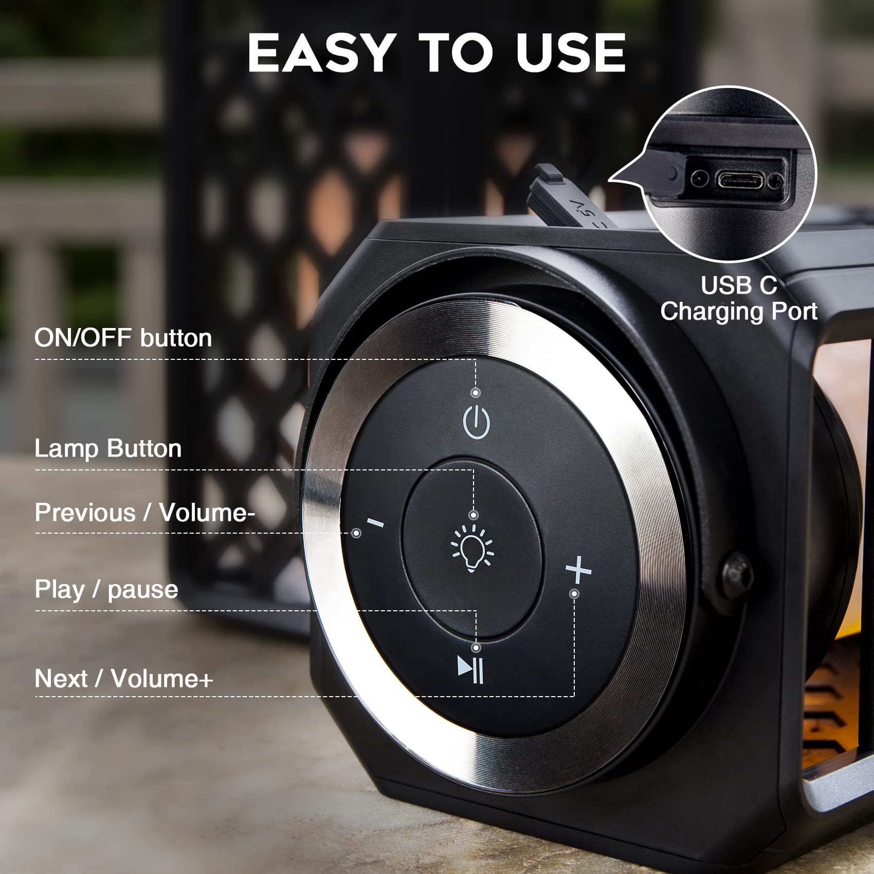 Outdoor Bluetooth Speaker with Flame Atmosphere, Waterproof Wireless Speaker with Wall Mount/Stake/Hook, Led Torch Lantern, Camping Patio Accessories, 10W Stereo Sound, Gifts for Men, Women, Dad