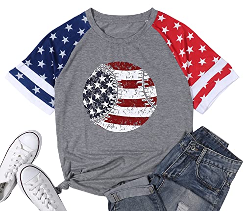 UNIQUEONE Women's American Flag Baseball Printed T-Shirt O-Neck Short Sleeve Causal Tops