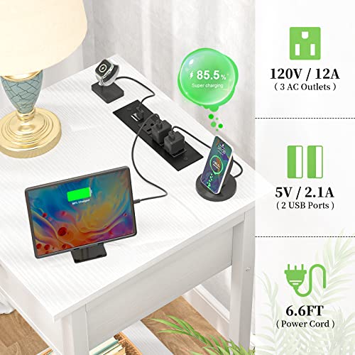 Ecoprsio Nightstand Set of 2 with Charging Station, White End Table Side Table with USB Ports, Wood Night Stand, White Bedside Table with Drawer and Shelf for Bedroom, Living Room, Sofa Couch, White