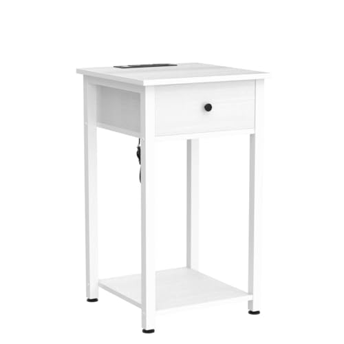 Ecoprsio Nightstand Set of 2 with Charging Station, White End Table Side Table with USB Ports, Wood Night Stand, White Bedside Table with Drawer and Shelf for Bedroom, Living Room, Sofa Couch, White